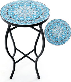 Costway Odkládací stolek kulatý mozaikový bistro modrá a – 35 × 55 cm