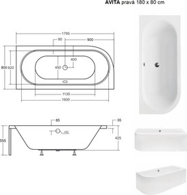 Besco Avita asymetrická vana 180 x 80 cm pravá bílá VANAVIT180P