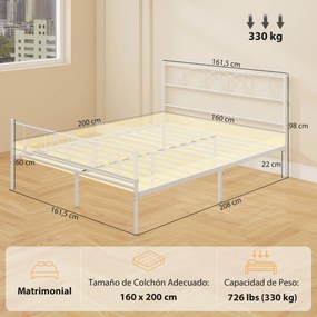 HOMCOM rám postele 160x200 cm s čelem postele, kovovým roštem a úložným prostorem pod postelí