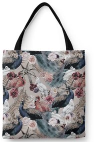 Nákupní taška Dvorné krásky - kapradiny, růže a exotičtí ptáci na béžovém pozadí