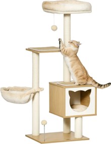 PawHut Kočičí Škrabací Strom s Výškou Platfomy 126 cm - Lezecká Věž pro Kočky s Houpacím Sítem, Domkem, Postelí, Sisalovými Sloupy a Hračkami 48x40x12