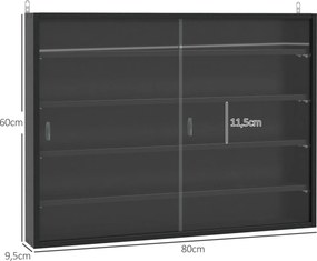 HOMCOM Nástěnná vitrína s nastavitelnými policemi a 2 skládacími skleněnými dveřmi na kolekce parfémů a dekorativních figurek 80x9.5x60 cm Černá