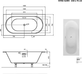 Besco Vitae Slim+ obdélníková vana akrylátová 150 x 75 cm s nožičkami sifon černá barva bílá VANVIT15SLIMPLB+OLVPINOZ