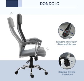 Vinsetto Ergonomická otočná kancelářská židle, nastavitelná výška a funkce houpání, síťovina, 65x67x119-129cm, Šedá