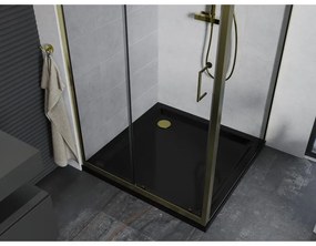 Mexen Apia rozsouvací sprchový kout 90 x 90 cm, Průhledné, Zlatá + sprchová vanička Flat, Černá - 840-090-090-50-00-4070G