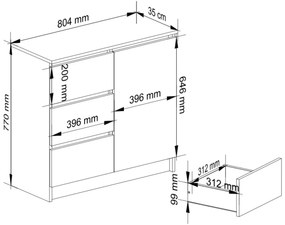 Komoda JERRY K 80 cm 1 dveře 3 zásuvky beton/bílá