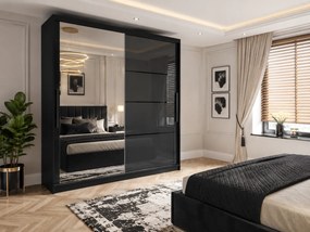 Šatní skříň 200 cm Belini černý mat / šedý lesk s posuvnými dveřmi zrcadlem a zásuvkami  MGB SZP5/1/B/1L5S/KLP