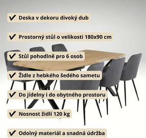 Vikio Jídelní set pro 6 osob 180x90 cm soft dub noha X šedá židle s područkami VJS228-6S
