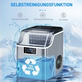 HOMCOM Výrobník kostek ledu, 20 kg/24h 2,3 l, s nádržkou na vodu 3,2 l, automatický čisticí program, nerezová ocel, 25,2 x 36 x 37,1 cm, stříbrná| Ao…