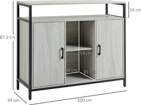 HOMCOM Moderní dřevěný kredenc se 2 skříňkami a policemi, světle šedý kuchyňský a vstupní kabinet, 100x34x87,2cm