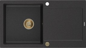 Mexen Leo, dřez granitový 900x500x190 mm, 1-komorový, černá-stříbrná metalíza se zlatým sifonem, 6501901010-73-G