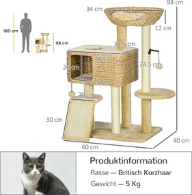 PawHut škrabadlo pro kočky 98 cm strom pro kočky se 2 opěrnými plochami, škrabadlo pro kočky s míčem pro kočky do 6 kg, nábytek pro kočky, sisal, béž…