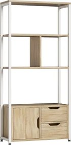 HOMCOM knihovna Regál na knihy s policemi, zásuvkami a dveřmi 58x24x122 cm Industriální styl Bílá a přírodní dřevo
