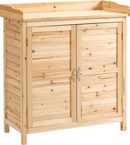 Dřevěný zahradní skříň Outsunny - Úložný shed s 2 dveřmi, policí a zdviženými nohami pro terasu a patio 83x40x92 cm - Přírodní