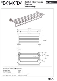 Bemeta Design NEO: Držák ručníků s hrazdou, 600 mm -