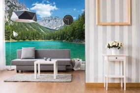 DIMEX | Samolepicí vliesová fototapeta na zeď Rakouské alpské jezero MA-5-3078 | 375 x 250 cm | zelená, modrá, šedá