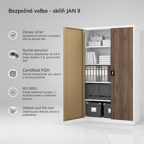 Kancelářská kovová skříň na spisy bílá / ořech: Eco Design JAN II, 1150 x 1850 x 400 mm