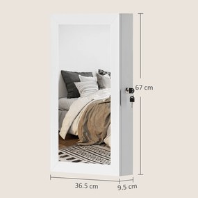 HOMCOM Zrcadlový šperkový kabinet na zeď, Šperková skříň s uzamčením, Zrcadlo v MDF pro ložnici a obývací pokoj, 36,5 x 9,5 x 67 cm, Bílá
