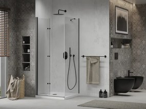 Mexen Lima, sprchový kout se skládacími dveřmi 80 (dveře) x 80 (stěna) cm, 6mm čiré sklo, černý profil + slim sprchová vanička bílá s černým sifonem, 856-080-080-70-00-4010B