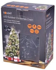 Solight LED venkovní vánoční řetěz, 200 LED, 20m, přívod 5m, 8 funkcí, časovač, IP44, studená bílá