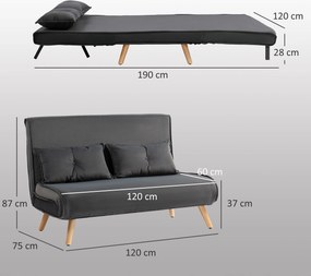 HOMCOM 2místná rozkládací pohovka, postelové sofa, pohovka konvertovatelná na postel, nastavitelná opěrka zad, látkový potah, kovový rám, šedá