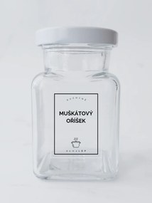 Samolepka na kořenky MUŠKÁTOVÝ OŘÍŠEK průhledná 3 × 4 cm tučné písmo