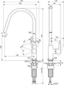 Ideal Standard Gusto - Dřezová baterie s vysokým otočným výtokem, ušlechtilá ocel BD408GN