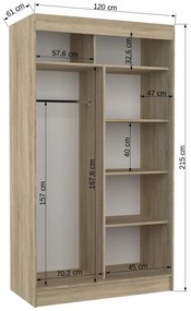 Šatní skříň s posuvnými dveřmi Toura - 120 cm Barva: Černá/Bílá