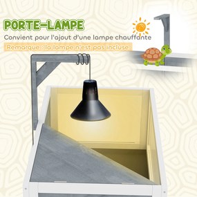 PawHut zvýšený dům pro želvy s 2 zónami, otevíracím víkem, držákem na lampu a panoramatickým výhledem – 84,5 × 47,5 × 90 cm (šedý)