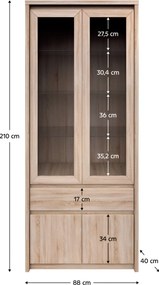 Vitrína se šuplíkem 2D2W1S, dub sonoma, NORTY TYP 3