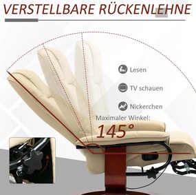 HOMCOM polohovací křeslo TV křeslo s funkcí polohování, podnožka, otočné TV křeslo 360°, dřevěné nohy, do obývacího pokoje, imitace kůže, krémově bíl…
