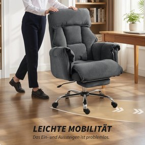 Ergonomická kancelářská židle HOMCOM s bederní oporou, výsuvnou opěrkou nohou a 360° otočným mechanismem — polární fleece, tmavě šedá