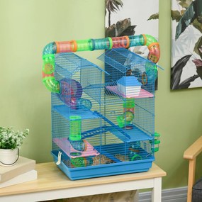 PawHut klec pro křečky a malé zvířata s více úrovněmi, 4 platformami, miskou na jídlo, láhví na vodu, běhacím kolečkem, schody, systém trubek 47x30x5…