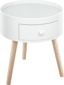 Noční stolek HOMCOM s 1 šuplíkem, kulatý stolek se zvýšeným okrajem a 3 dřevěnými nohami pro moderní styl ložnice a obývacího pokoje Ø38x45 cm Bílý |