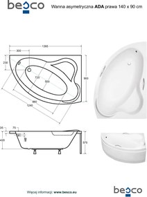 Besco ADA 140 cm VANADA140P vana bez nožiček pravá Koupelny Bernold
