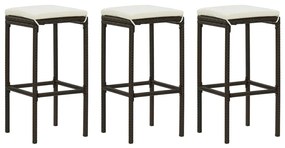 vidaXL Barové stoličky s poduškami 3 ks hnědé polyratan