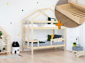 Benlemi Sada: Domečková patrová postel KILI s dřevěným úložným šuplíkem BUDDY na kolečkách Zvolte barvu: Tmavě šedá, Varianta: S roštem a plným dnem