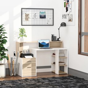 HOMCOM Počítačový stůl 137x55x92 cm s 3 policemi, 2 zásuvkami a stojanem na tiskárnu pro domácí kancelář