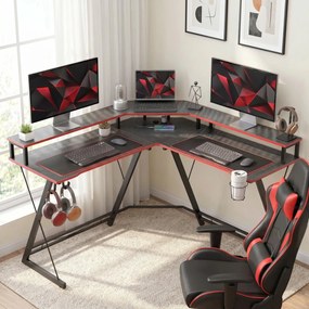 HOMCOM L-tvarovaný počítačový stůl se zásuvkami, 128 cm rohový stůl s držákem monitoru, háčkem na sluchátka a držákem nápojů