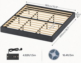 Dvoulůžková postel Timaro 180x200 s nabíjecí stanicí a LED osvětlením šedá
