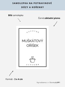 Samolepka na kořenky MUŠKÁTOVÝ OŘÍŠEK bílá 3 × 4 cm základní písmo