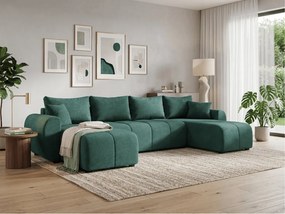Rozkládací oboustranná sedací souprava do U SEVIO 311x145 cm, lahvově zelená + 2 polštářky ZDARMA