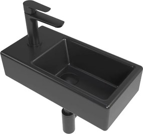 Koupelnový set levého závěsného umývátka Brevis 40,5 cm, pákové baterie, sifonu, průtočné zátky a roháčků v černé barvě KSETBRE2LBKM