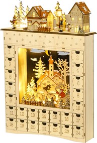 HOMCOM Adventní kalendář k naplnění, 24 šuplíků, přihrádky, vánoční kalendář s LED světly, přírodní dřevo, 36 x 9 x 52 cm