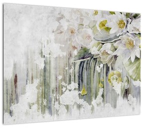 Skleněný obraz - Bílé květy, vintage (70x50 cm)