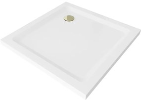 Mexen Flat čtvercová vanička do sprchového kout slim 80 x 80 cm, Bílá, sifon Zlatá - 40108080G