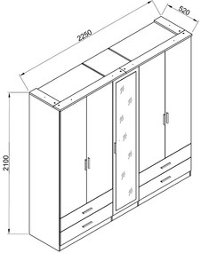 Šatní skříň se zrcadlem Savina 225 cm, dub artisan/šalvějová