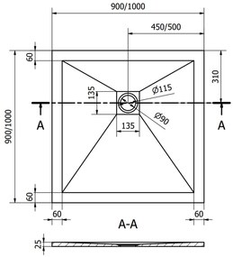 Mexen Stone+ kompozitní čtvercová sprchová vana 90 x 90 cm, Antracit - 44719090