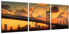 Obraz - Západ slunce nad mostem Bena Franklina, Filadelfie (s hodinami) (90x30 cm)