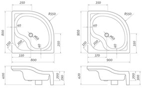 Čtvrtkruhová samonosná polohluboká sprchová vanička SEMIDEEP NEO 290 mm S 800 × 800 R550 SEMIDEEP NEO - SANIPRO /800 80 cm 200 mm 80 cm 8000197